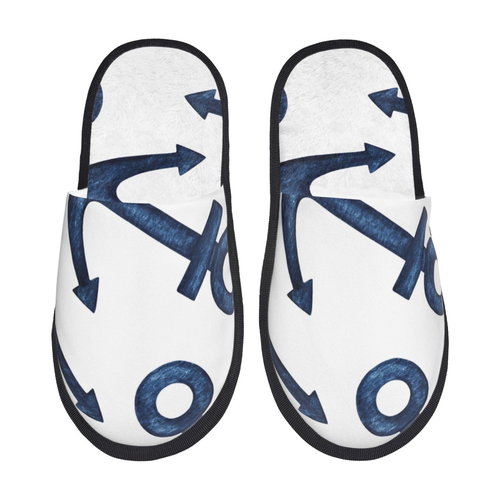 Fuzoiu Navy Blue Anchor Print Unisex Furry Slippers,Plush Indoor Shoes ...