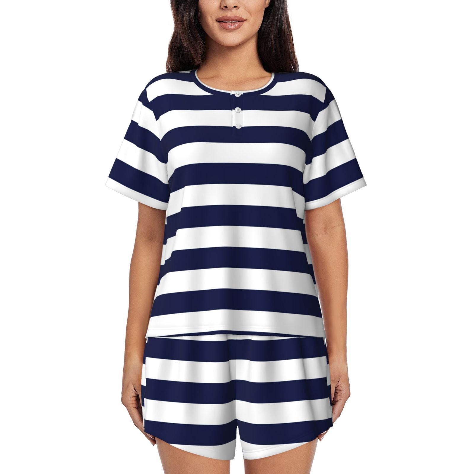 Fuzoiu Navy Blue And White Stripes Print Women's Short-Sleeved Pajama ...