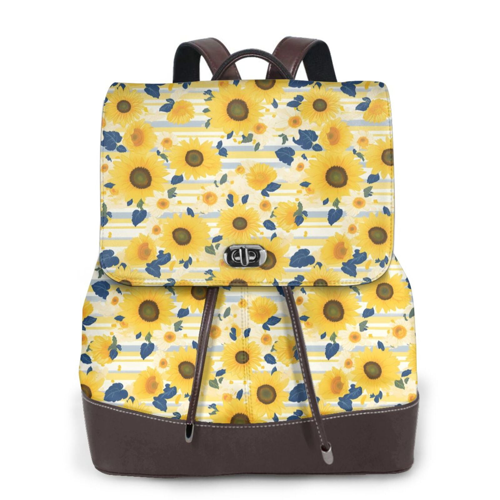 Fuzoiu Navy Blue Leaf Sunflower Print Women's Leather Backpack,Backpack ...