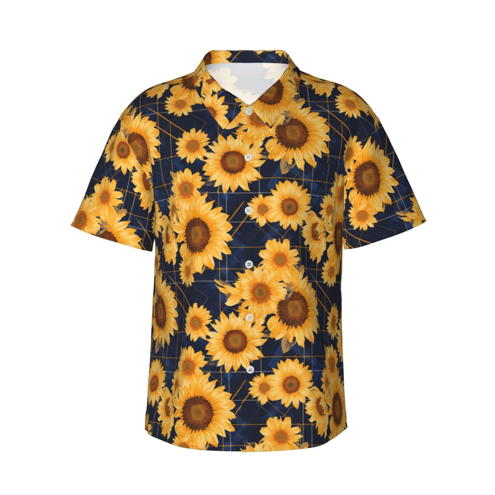 Fuzoiu Navy Blue Plaid Sunflower Print Hawaiian Shirt For Men Summer