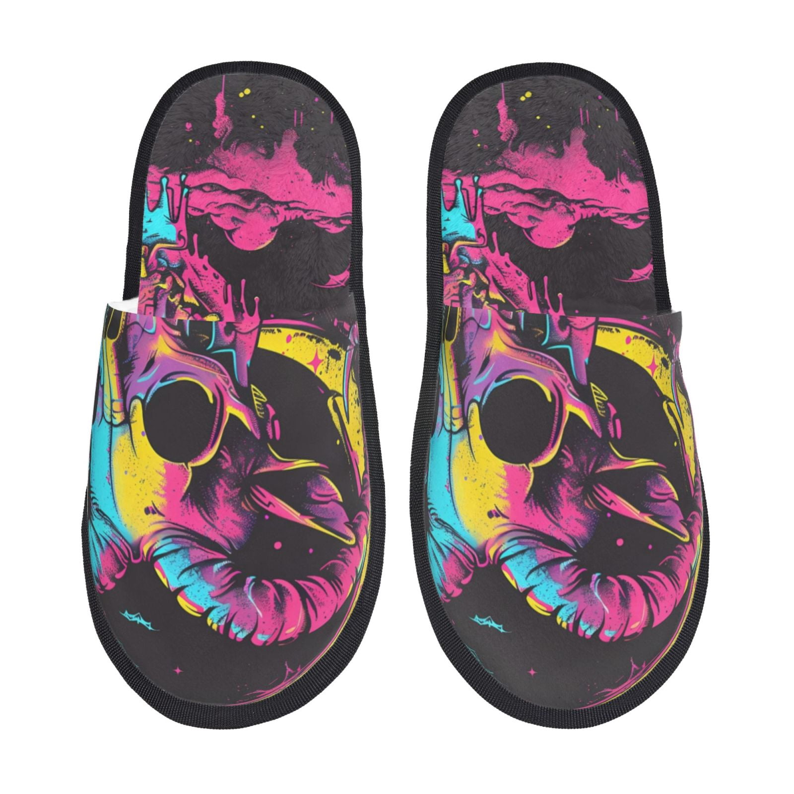 Fuzoiu Neon Gothic Skull Moon Print Unisex Furry Slippers,Plush Indoor ...