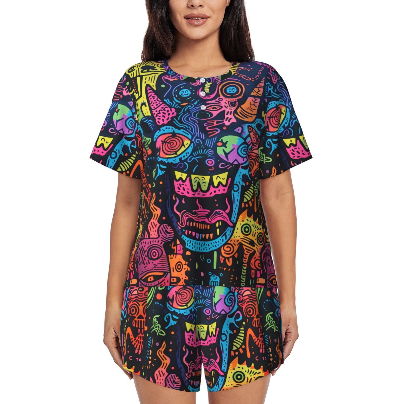 Fuzoiu Neon Graffiti Urban Art Print Women's Short-Sleeved Pajama Set ...