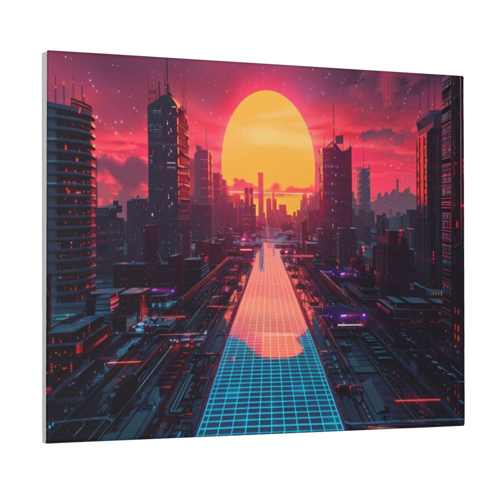 Fuzoiu Neon Sunset Cyberpunk Cityscape Print Canvas Wall Art for ...