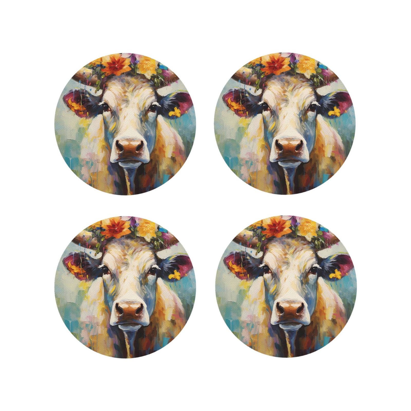 Fuzoiu Oil Painting Flower Cow Print Leather Coasters Set,Drink ...