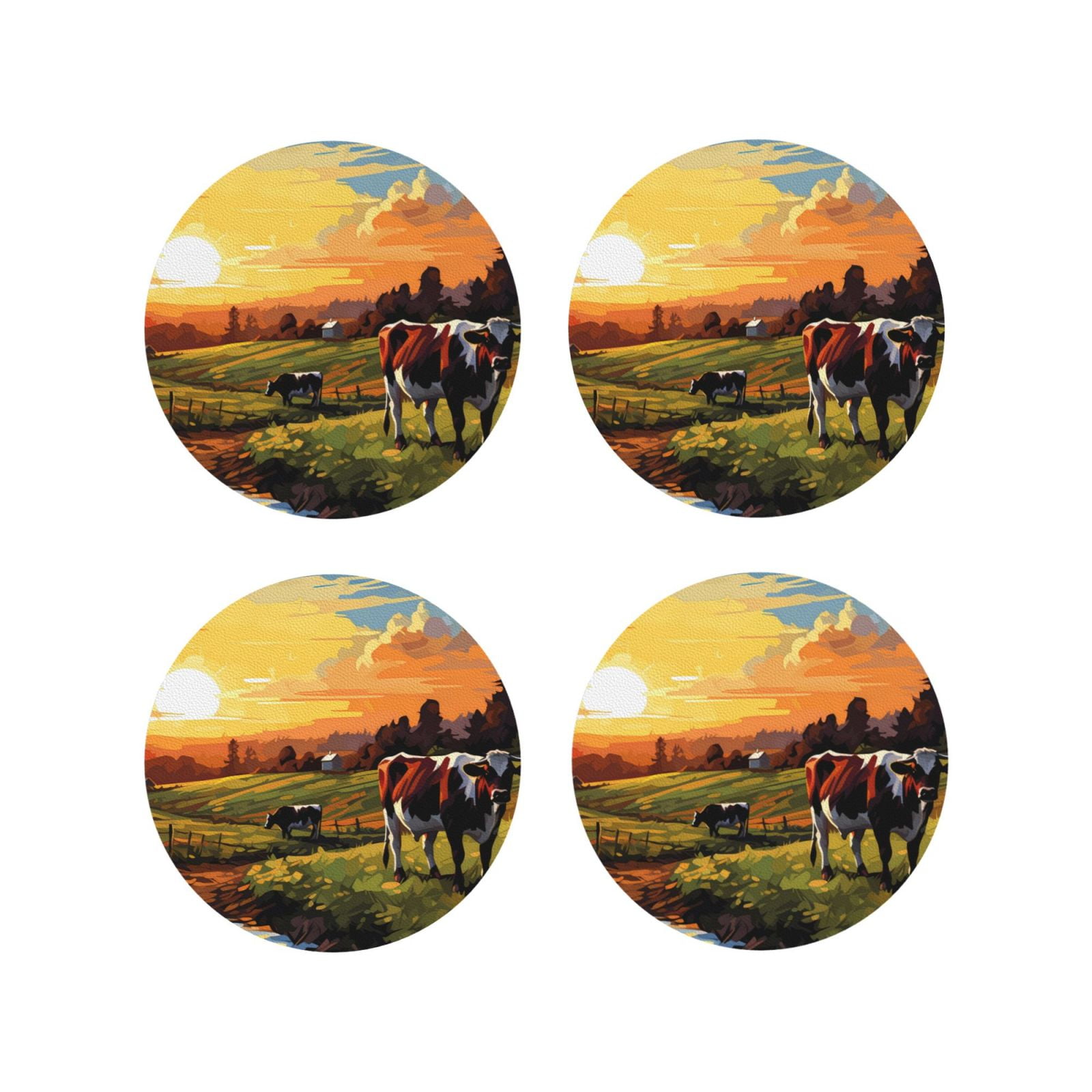 Fuzoiu Oil Painting Style Pasture Cow Print Leather Coasters Set,Drink ...