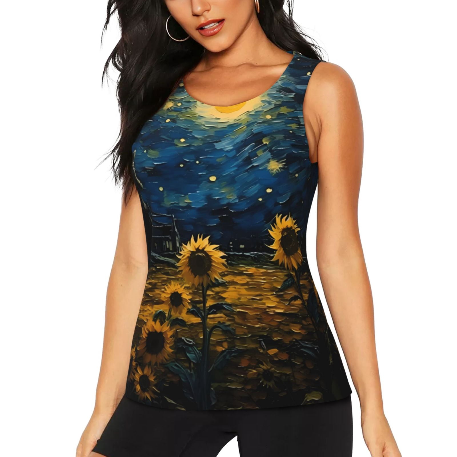 Fuzoiu Oil Starry Sky Sunflower Print Women's Workout Tank Top,Athletic ...