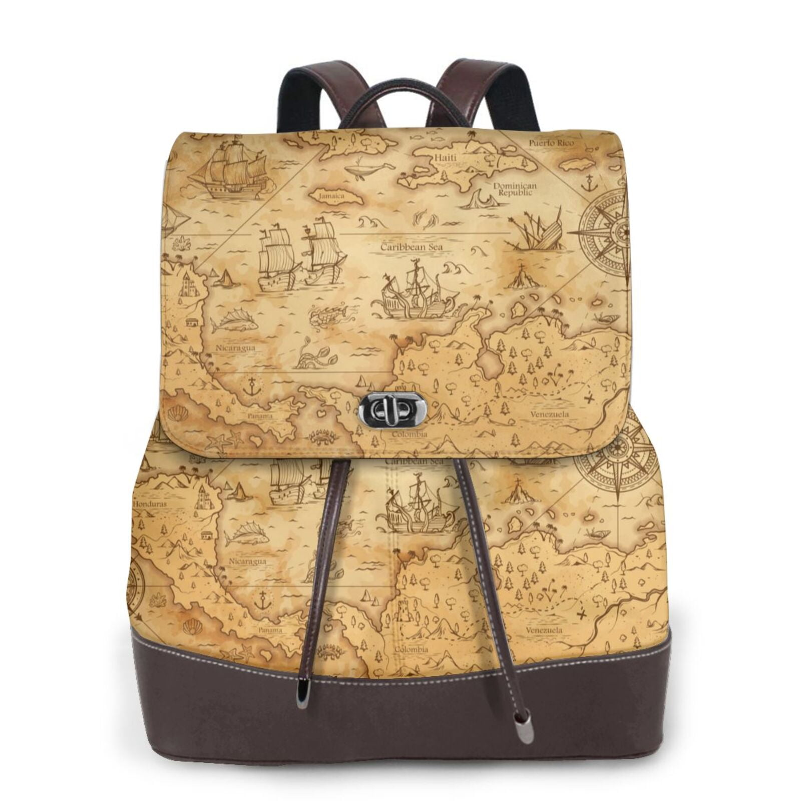 Fuzoiu Old Vintage Map Of Sea Print Women's Leather Backpack,Backpack ...