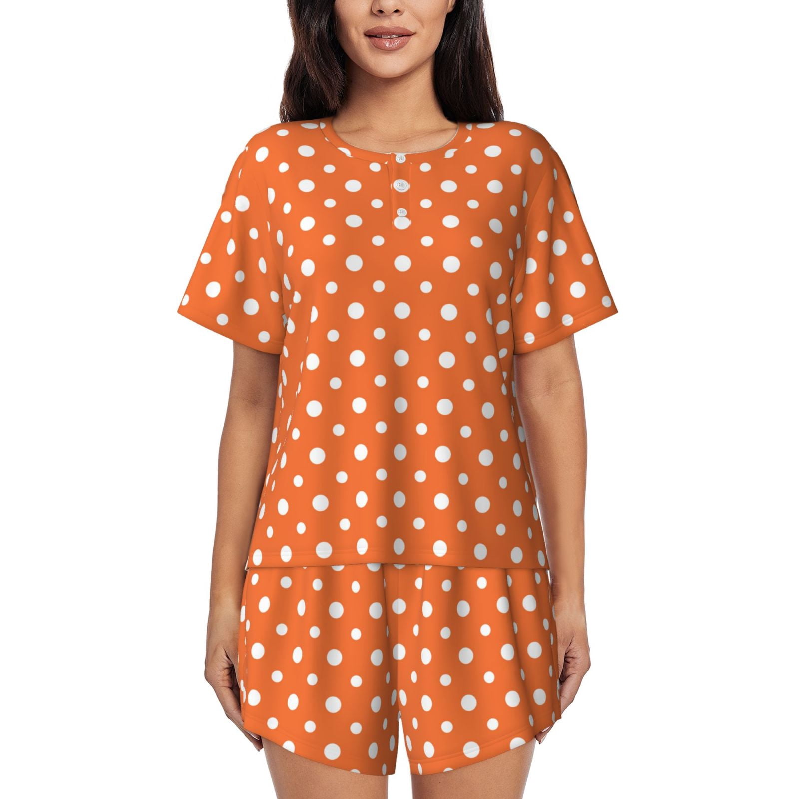 Fuzoiu Orange And White Polka Dot Print Women's Short-Sleeved Pajama ...
