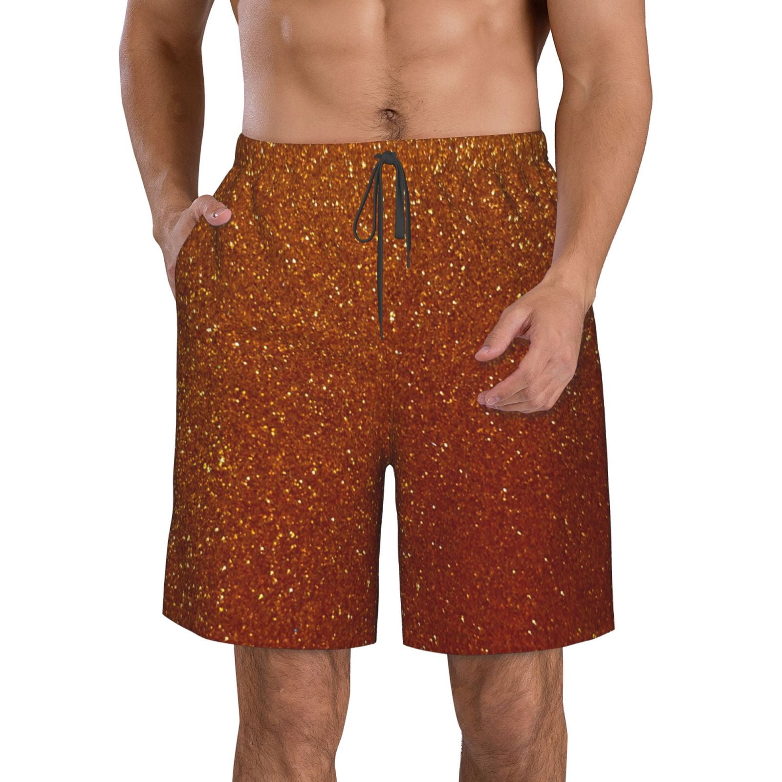 Fuzoiu Orange Glitter Print Men's Beach Shorts,Men's Swim Trunks,Quick ...