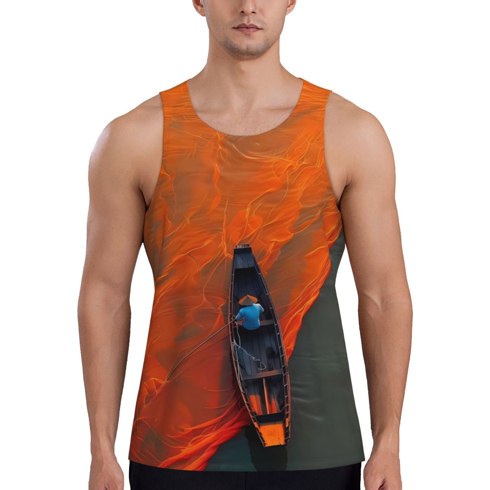 Fuzoiu Orange Net Fishing Boat Print Men's Workout Tank Tops,Sleeveless ...
