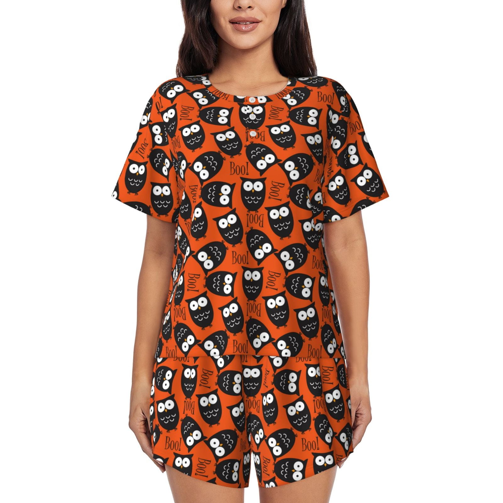 Fuzoiu Owls And Boo Print Women's Short-Sleeved Pajama Set,Lounge ...