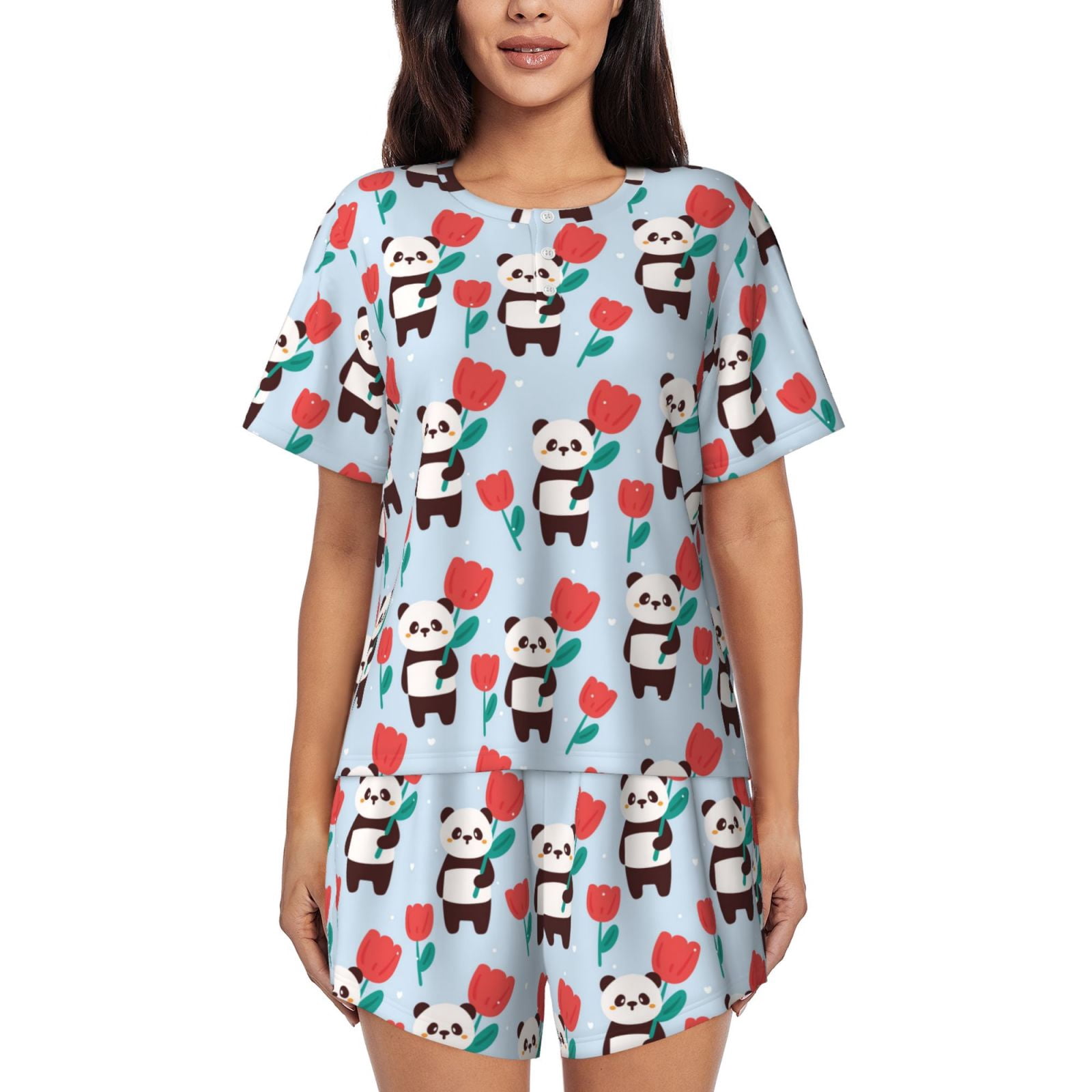 Fuzoiu Panda And Rose Print Women's Short-Sleeved Pajama Set,Lounge ...