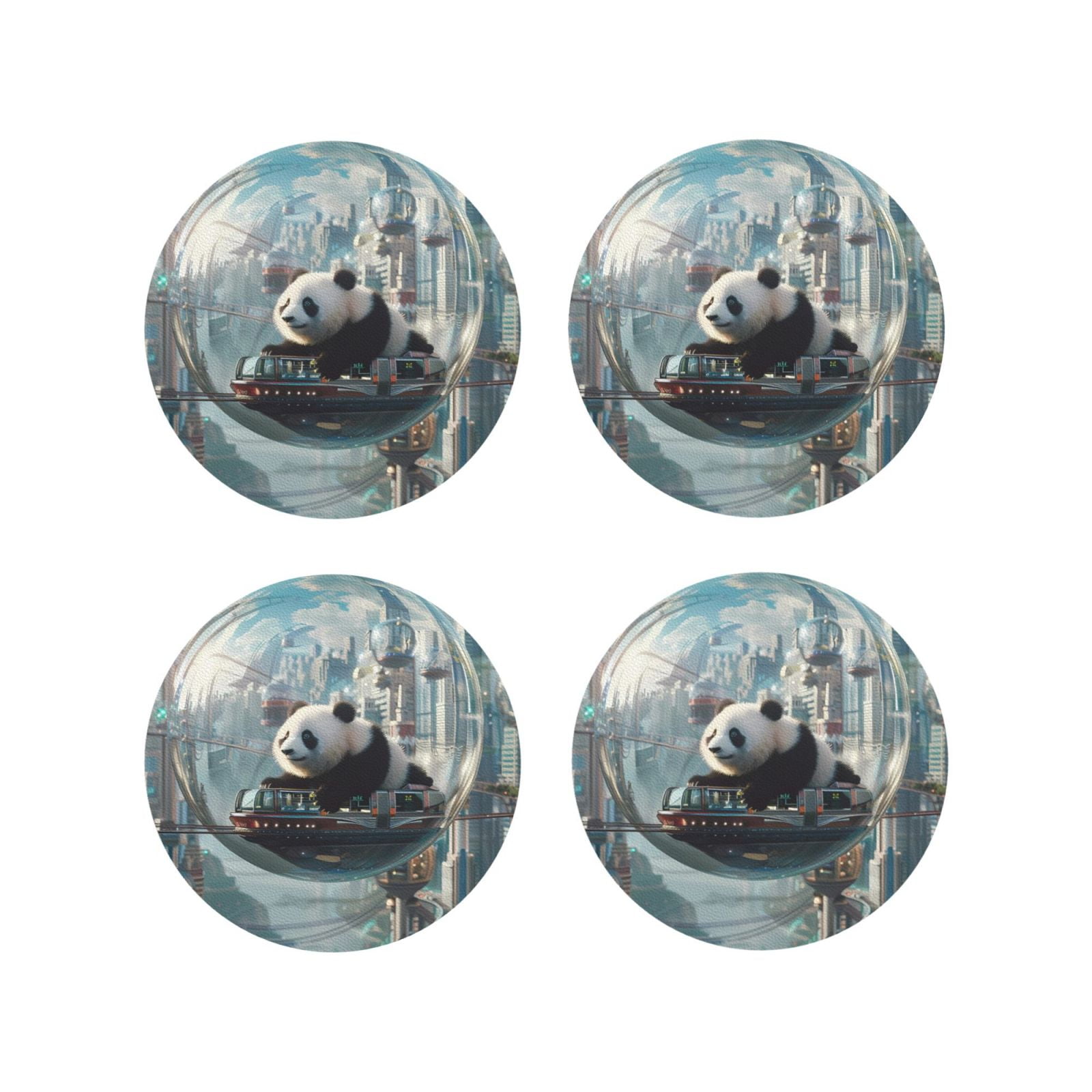 Fuzoiu Panda In Futuristic City Print Leather Coasters Set,Drink ...