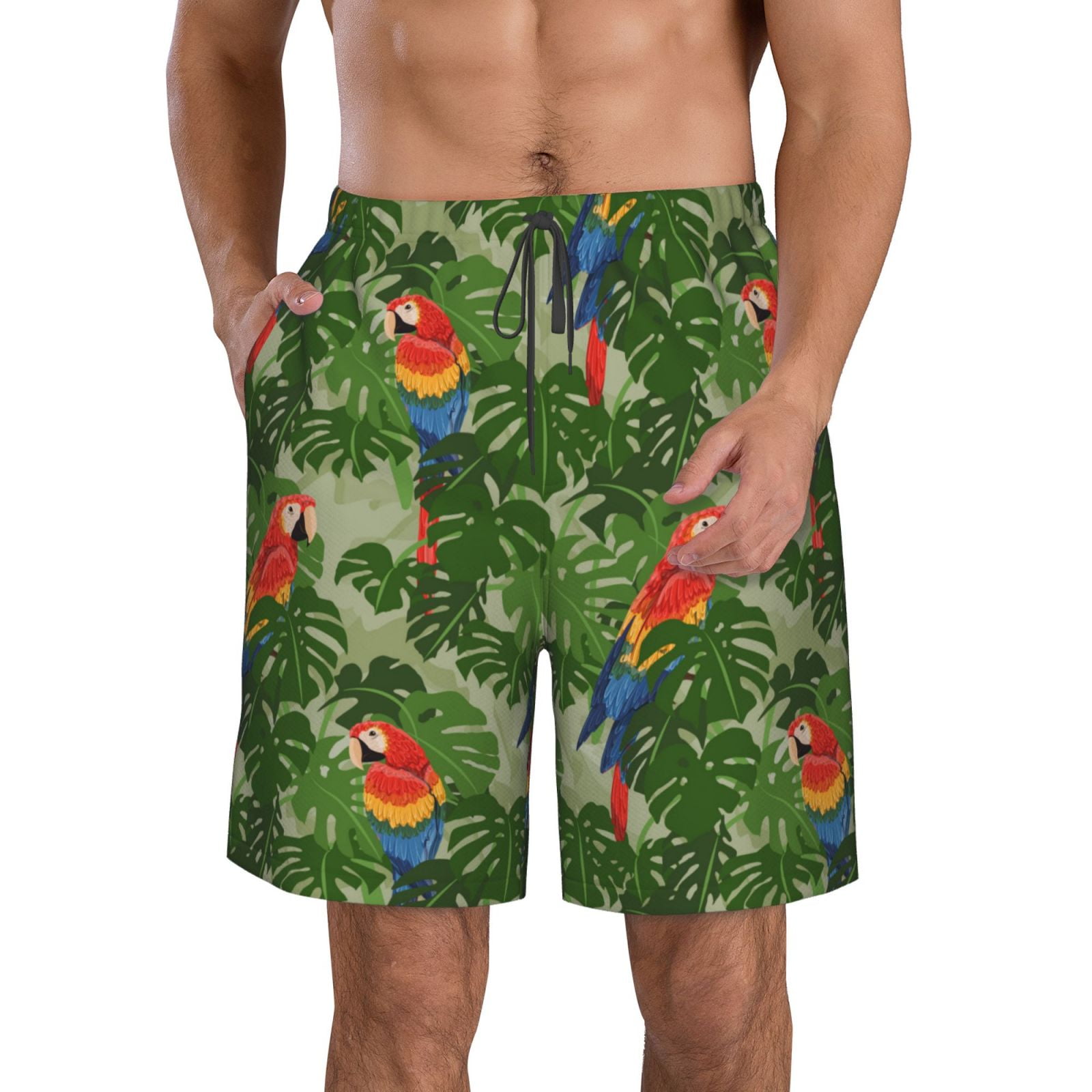 Fuzoiu Parrots And Tropical Leaves Print Men's Beach Shorts,Men's Swim ...