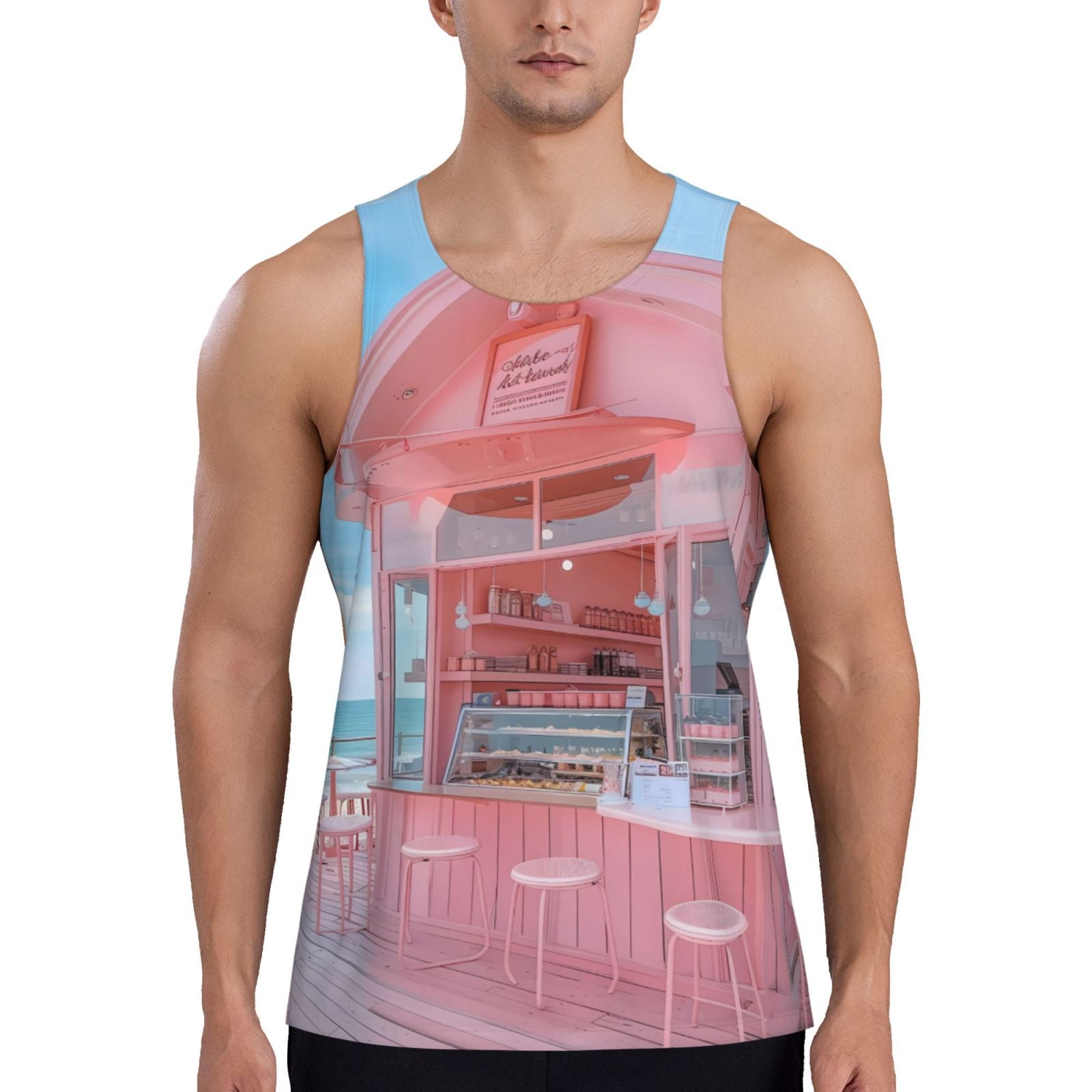 Fuzoiu Pastel Pink Beach Cafe Print Men's Workout Tank Tops,Sleeveless ...