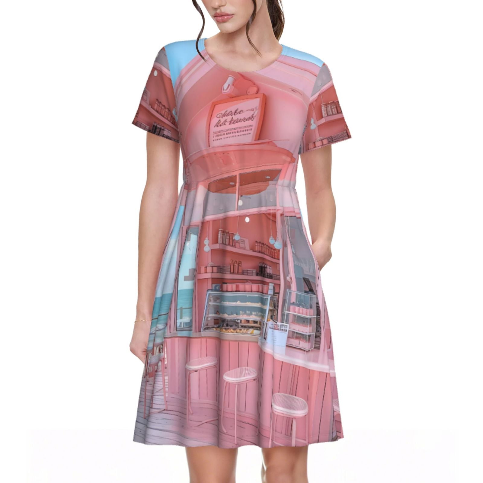 Fuzoiu Pastel Pink Beach Cafe Print Womens Summer Trendy Short Sleeve ...
