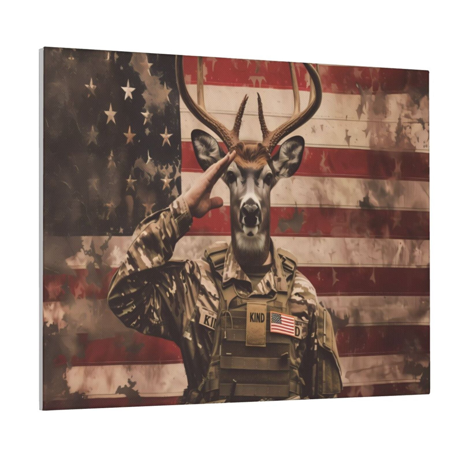 Fuzoiu Patriotic Deer Soldier Salute Print Canvas Wall Art for ...