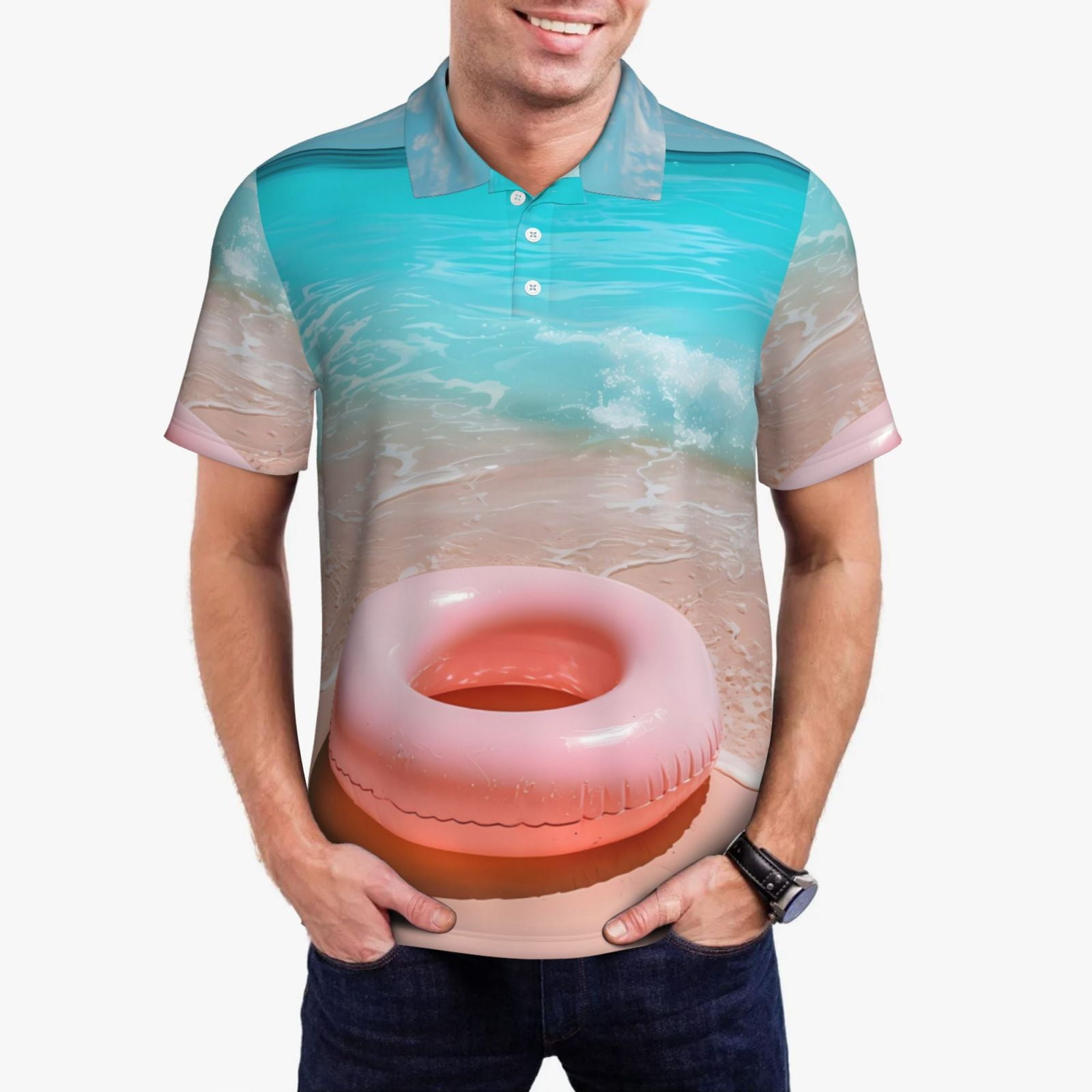 Fuzoiu Pink Float Ring On Beach Print Men's Polo Shirts Short Sleeve ...