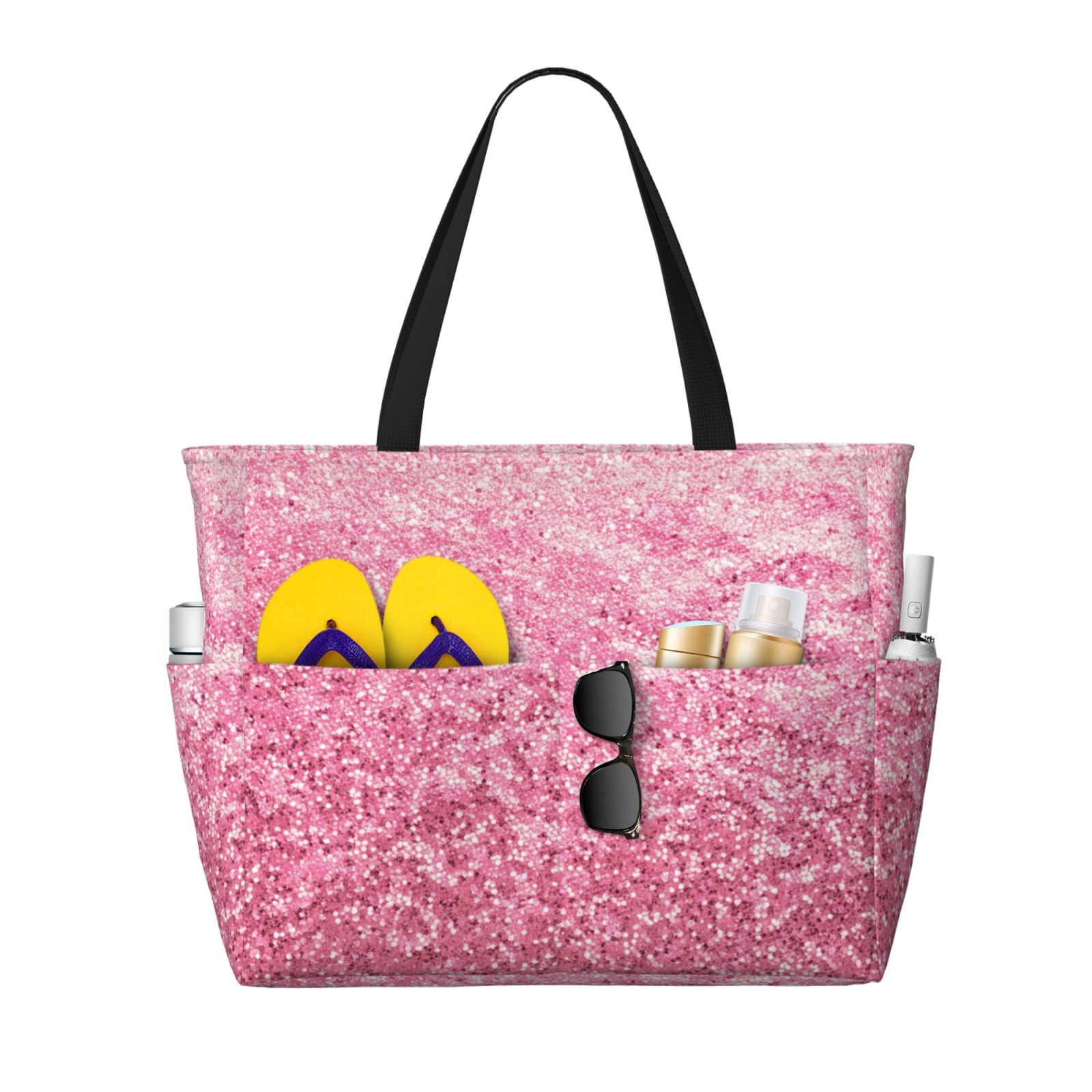 Fuzoiu Pink Glitter Print Waterproof Beach Tote Bag for Women Girls ...