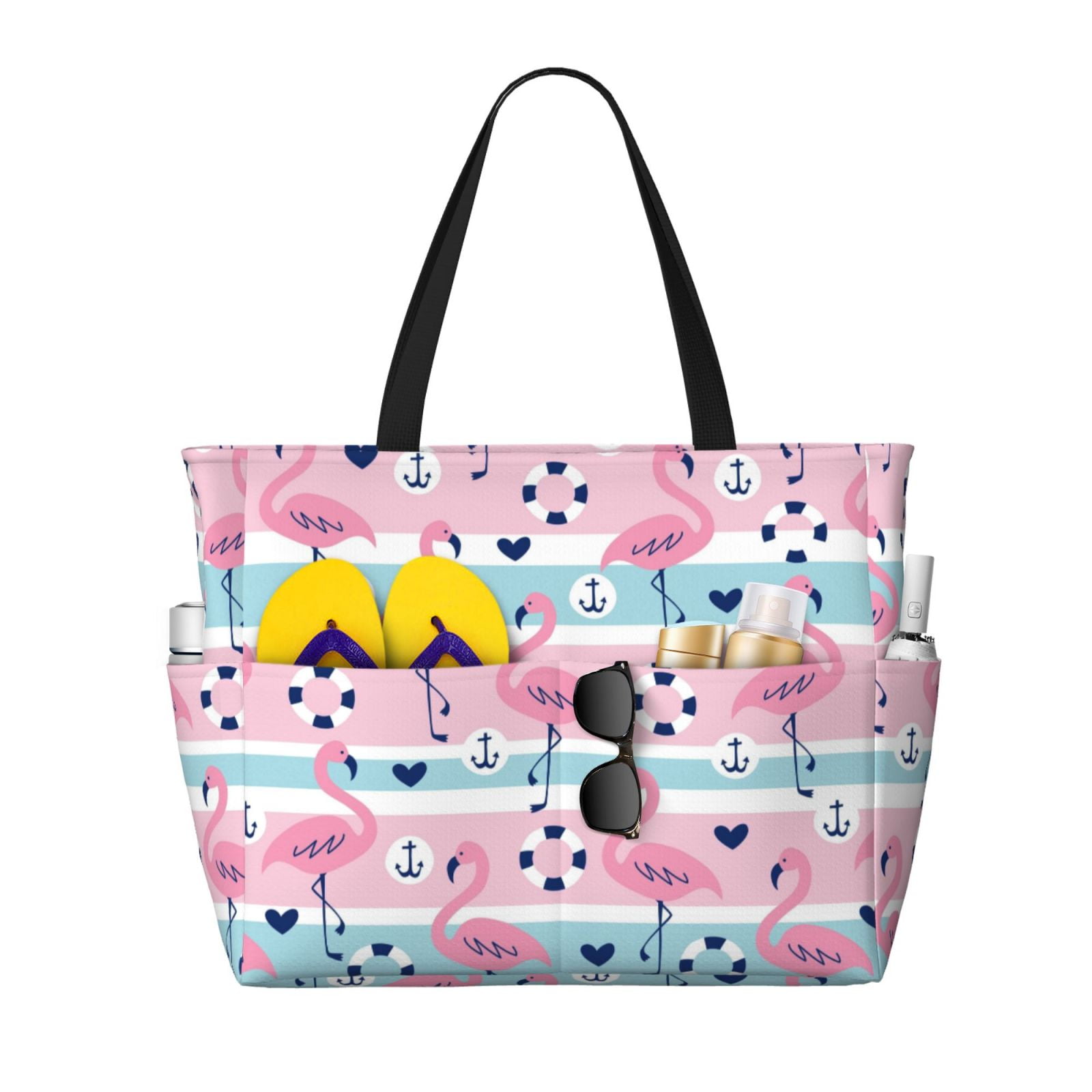 Fuzoiu Pink Striped Flamingo Print Waterproof Beach Tote Bag for Women ...