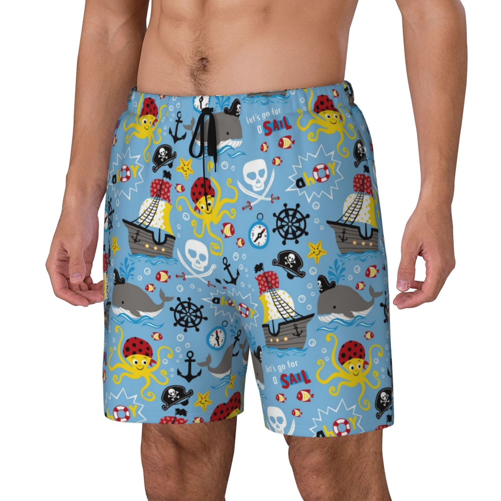 Fuzoiu Pirate Marine Animals Print Men's Swim Shorts,Quick-Dry Double ...