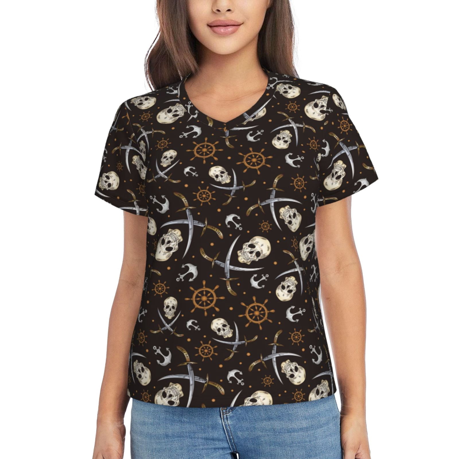Fuzoiu Pirate Skulls Print Women's Classic V-Neck T-Shirt, Short Sleeve ...