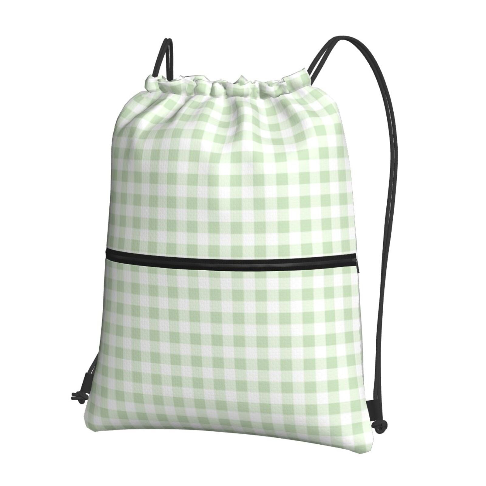 Fuzoiu Pistachio Green Checkboard Print Drawstring Backpack Water Resistant String Bag Sports ...