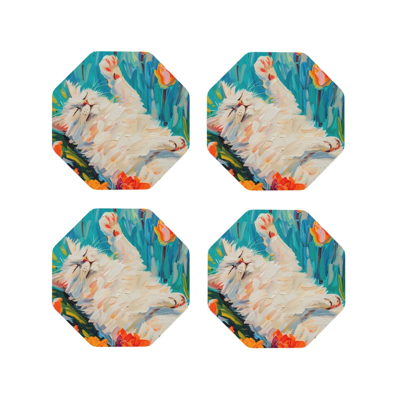 Fuzoiu Playful Floral Cat Print Leather Coasters Set,Drink Coasters Set ...