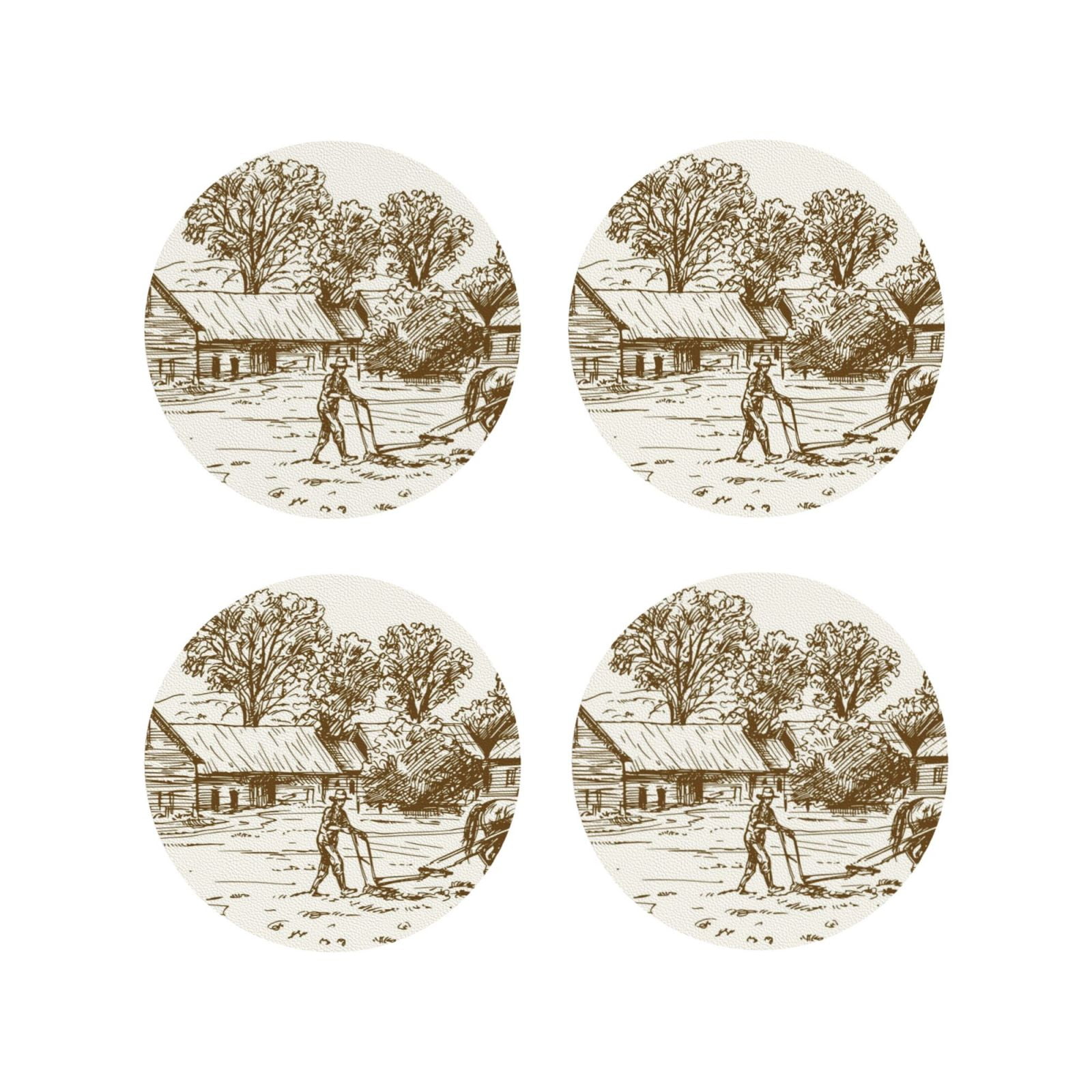 Fuzoiu Plowed Field With Horses Print Leather Coasters Set,Drink ...