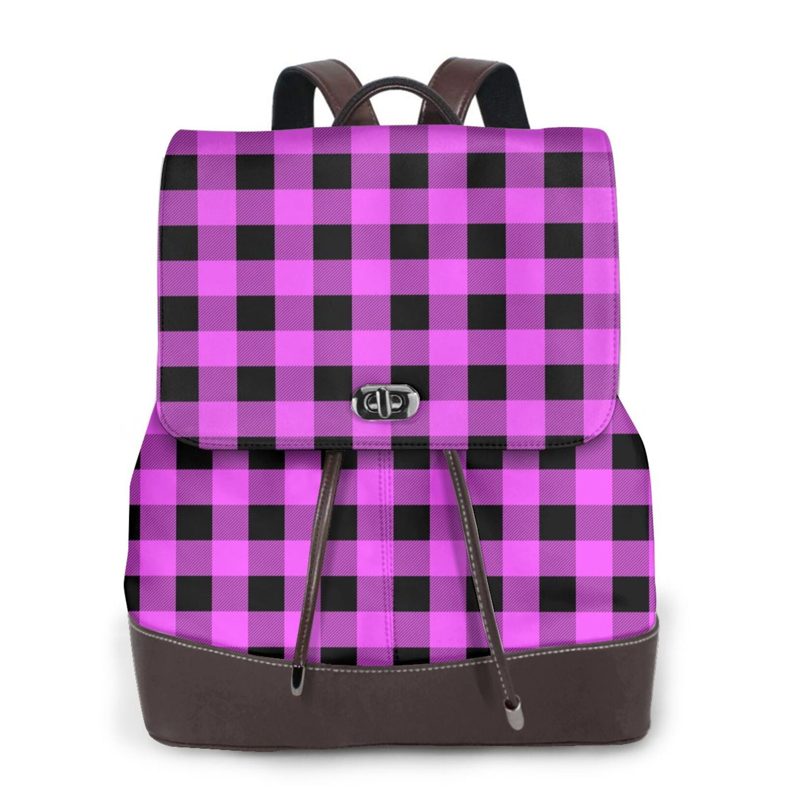 Fuzoiu Purple Black Buffalo Plaid Print Women's Leather Backpack ...
