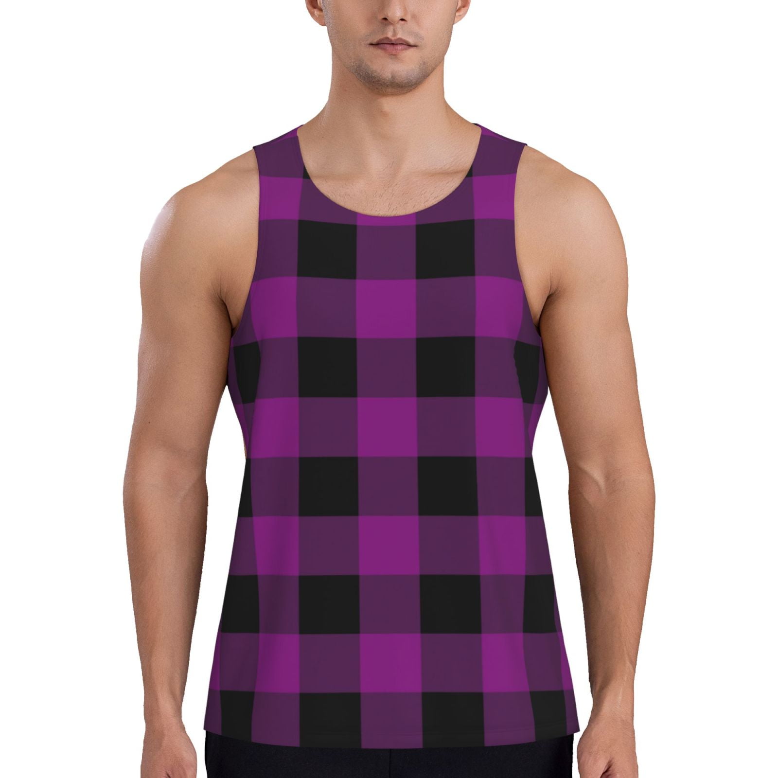 Fuzoiu Purple Black Plaid Print Men's Workout Tank Tops,Sleeveless Gym ...