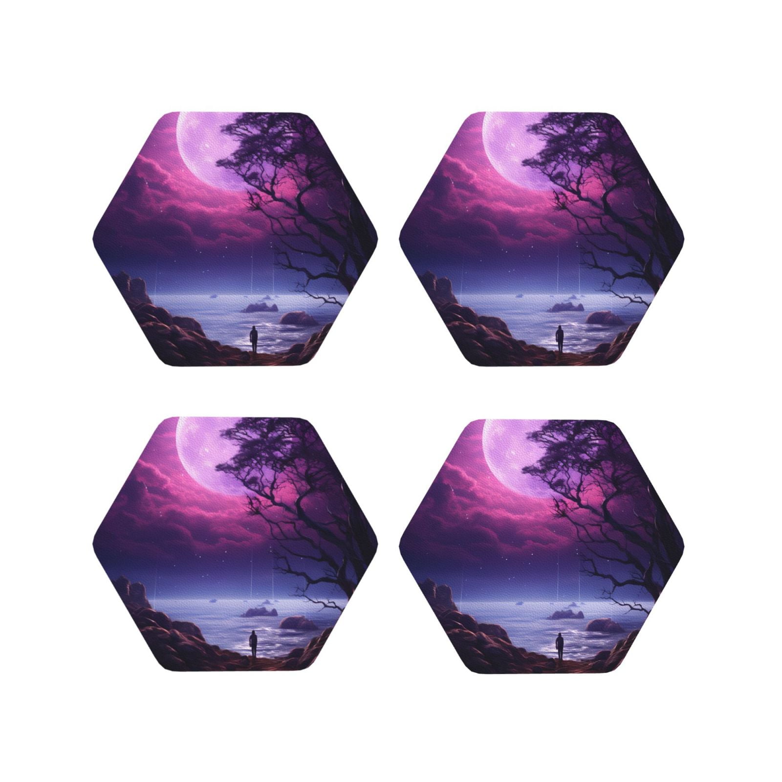 Fuzoiu Purple Moon Tree Night Sky Print Leather Coasters Set,Drink ...