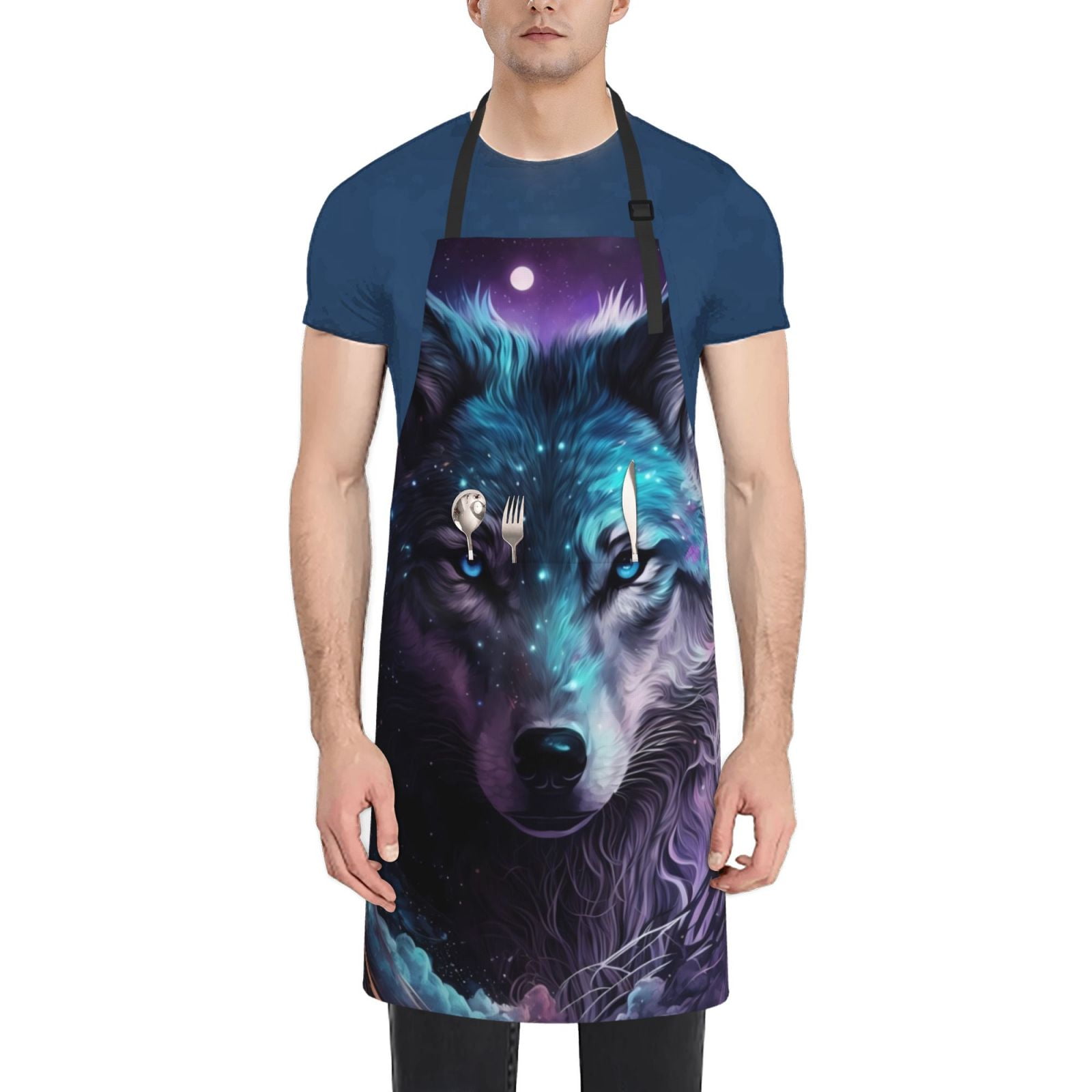 Fuzoiu Purple Sky Wolf Print Adjustable Waterproof Apron with Pockets ...