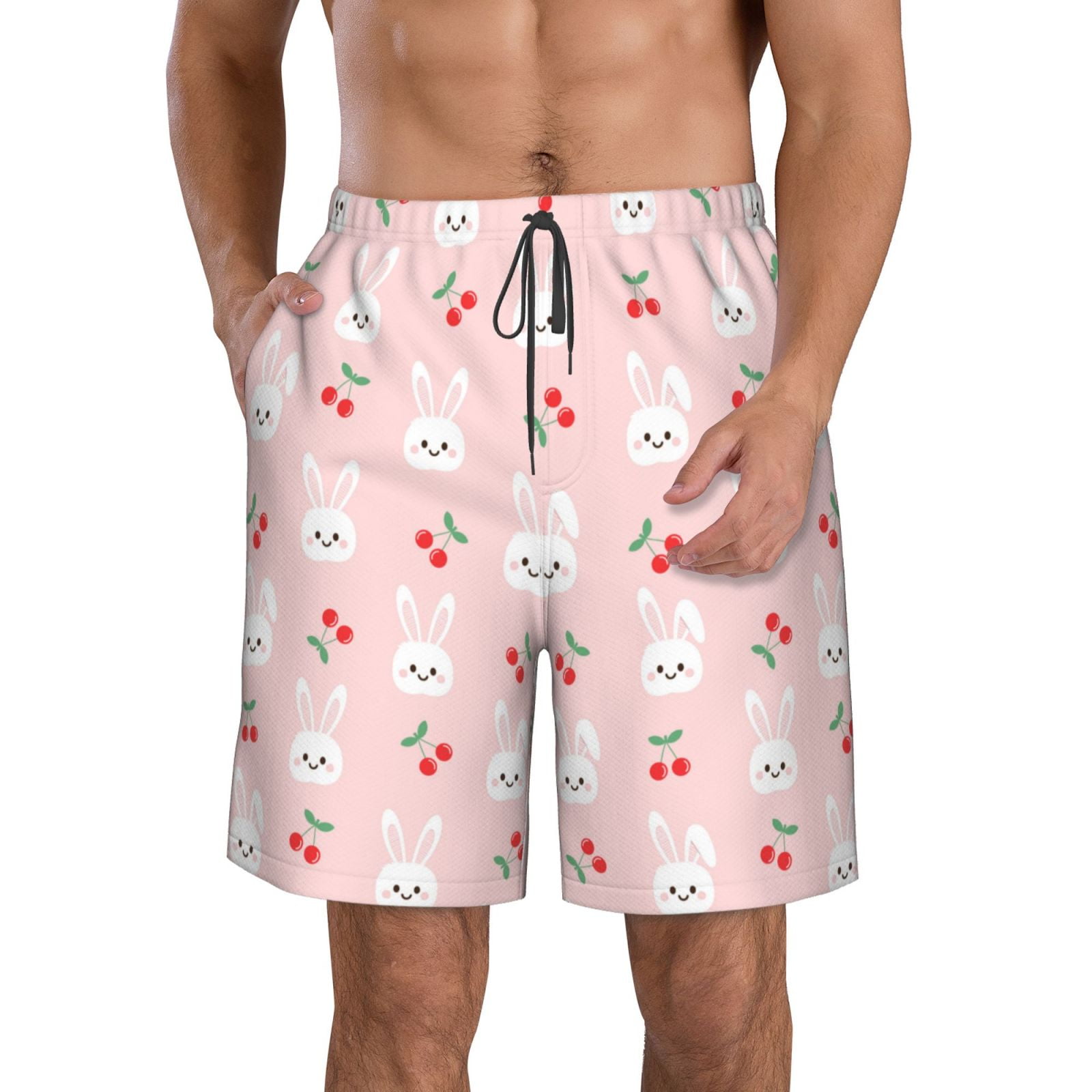 Fuzoiu Rabbit And Cherry Print Men's Beach Shorts,Men's Swim Trunks ...