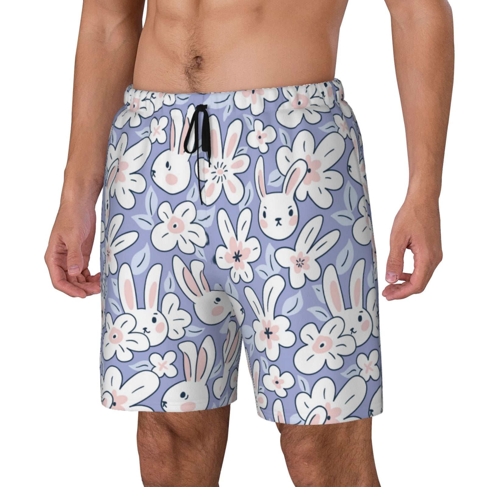 Fuzoiu Rabbit And Floral Print Men's Swim Shorts,Quick-Dry Double-Layer ...