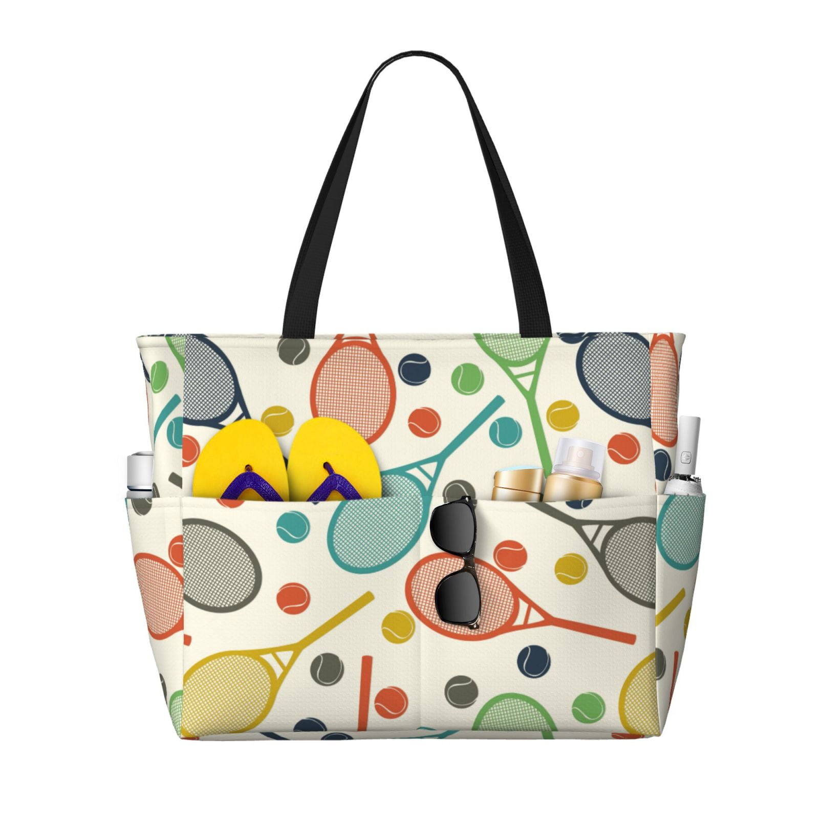 Fuzoiu Racket and Tennis Ball Print Waterproof Beach Tote Bag for Women ...