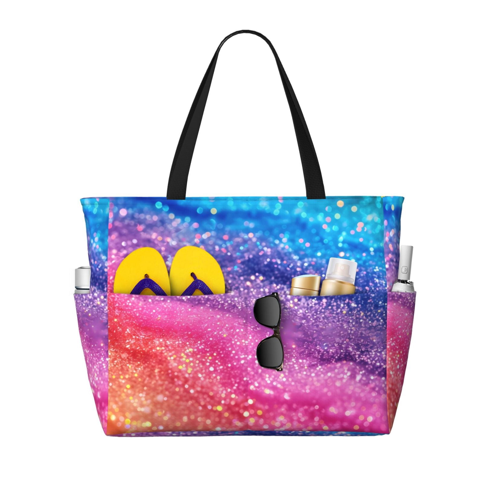 Fuzoiu Rainbow Glitter Cute Print Waterproof Beach Tote Bag for Women ...
