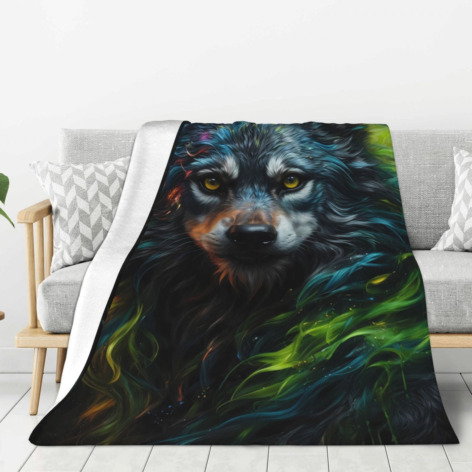 Fuzoiu Realistic Style Green Fur Wolf Print Flannel Throw Blanket,Light ...