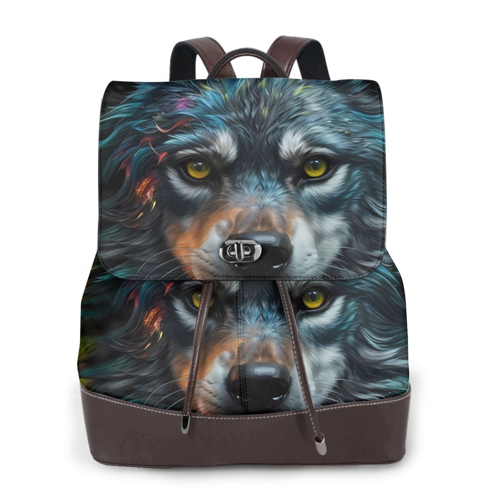 Fuzoiu Realistic Style Green Fur Wolf Print Women's Leather Backpack ...