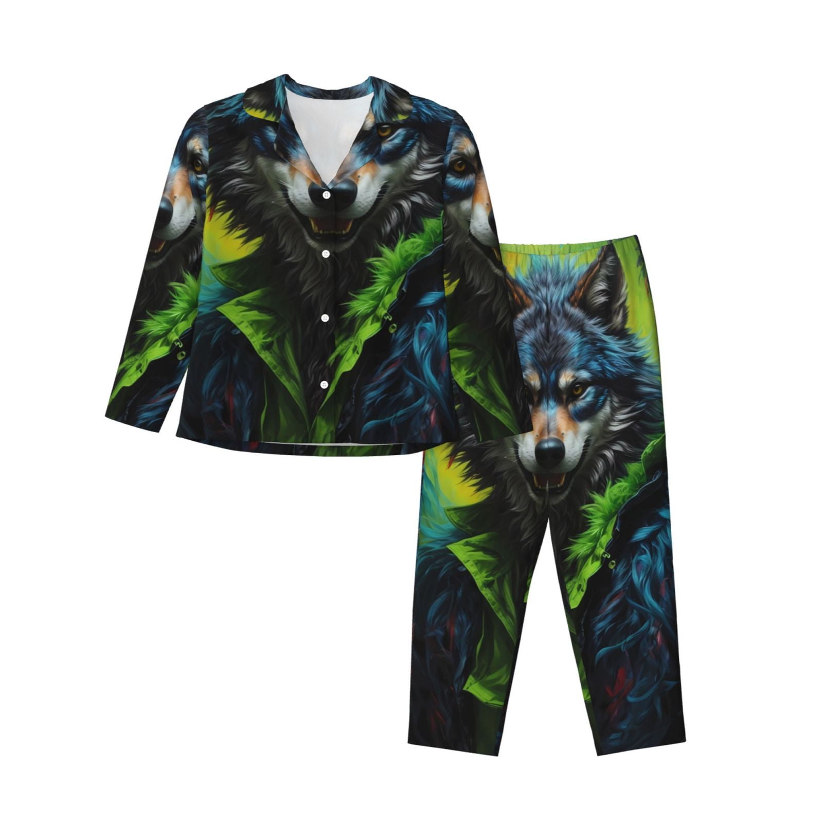 Fuzoiu Realistic Style Wolf Warrior Print Women's Long-Sleeved Pajama ...