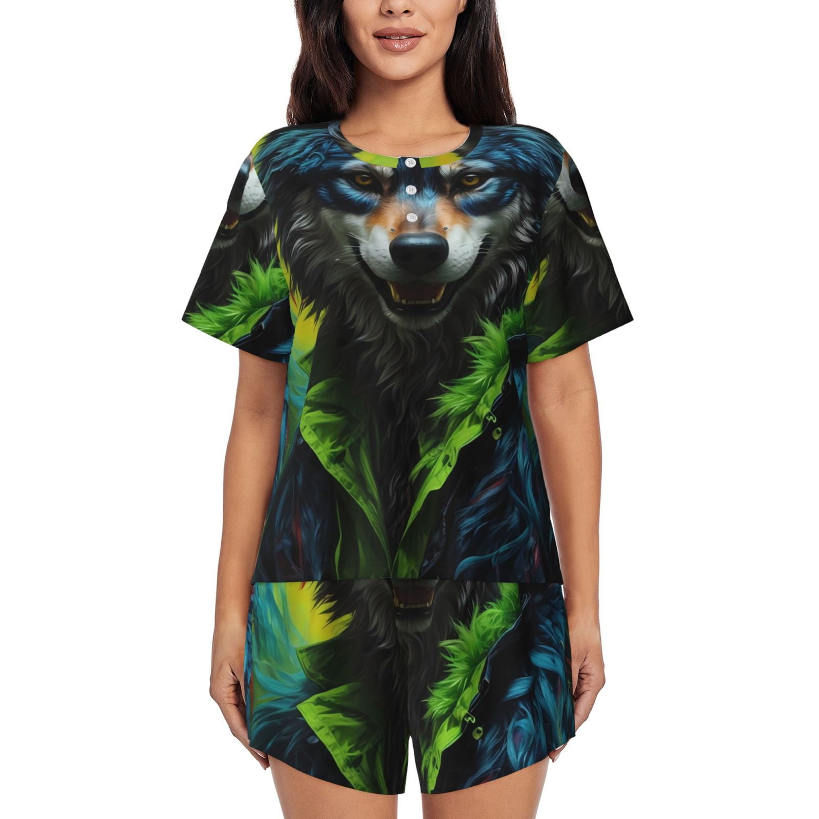 Fuzoiu Realistic Style Wolf Warrior Print Women's Short-Sleeved Pajama ...