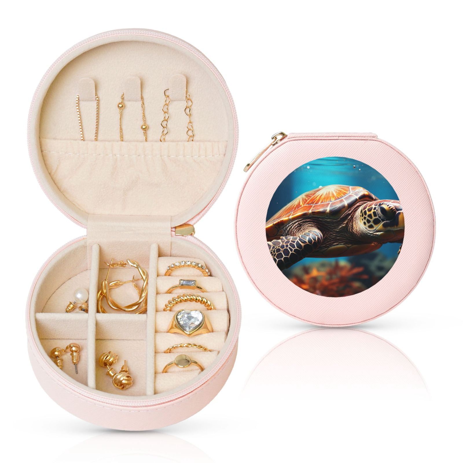 Fuzoiu Realistic Turtle Print Portable Jewelry Box,Round Mini Leather ...