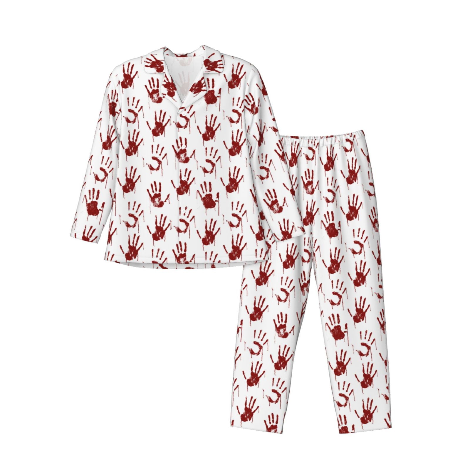Fuzoiu Red Bloody Scary Hands2 Print Men's Long-Sleeved Pajama,Lounge Button Down Nightwear,Mens ...