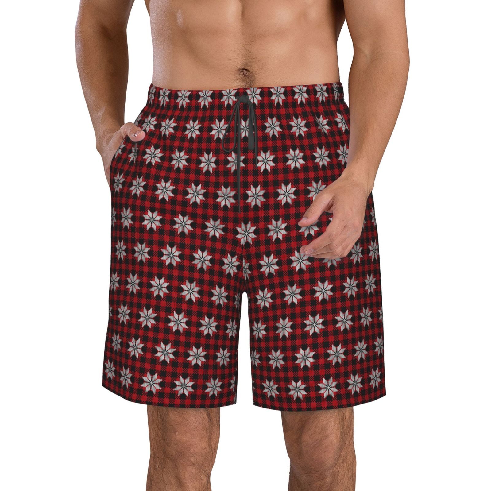 Fuzoiu Red Buffalo Plaid Merry Christmas Print Men's Beach Shorts,Men's ...