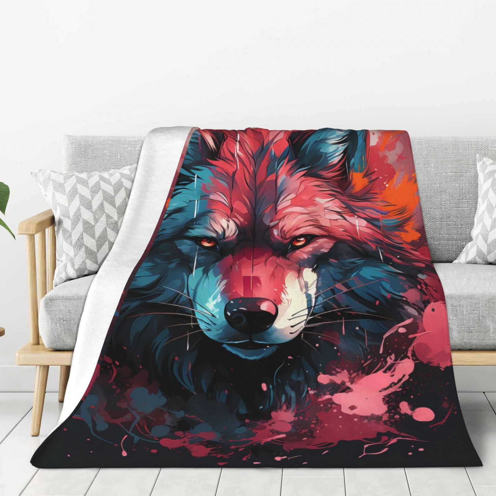 Fuzoiu Red Flame Wolf Head Print Flannel Throw Blanket,Light Weight ...