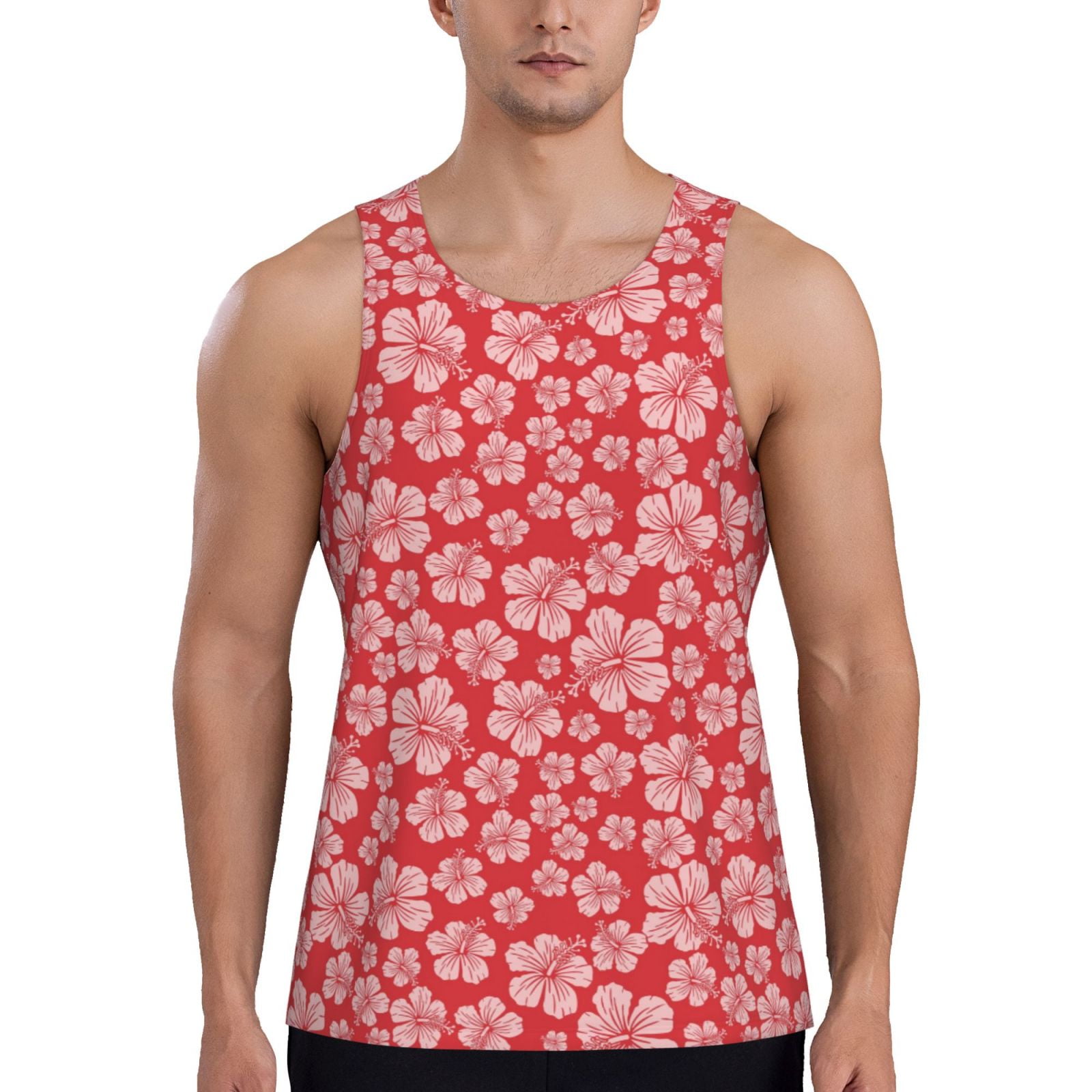 Fuzoiu Red Hibiscus Flower Print Men's Workout Tank Tops,Sleeveless Gym ...