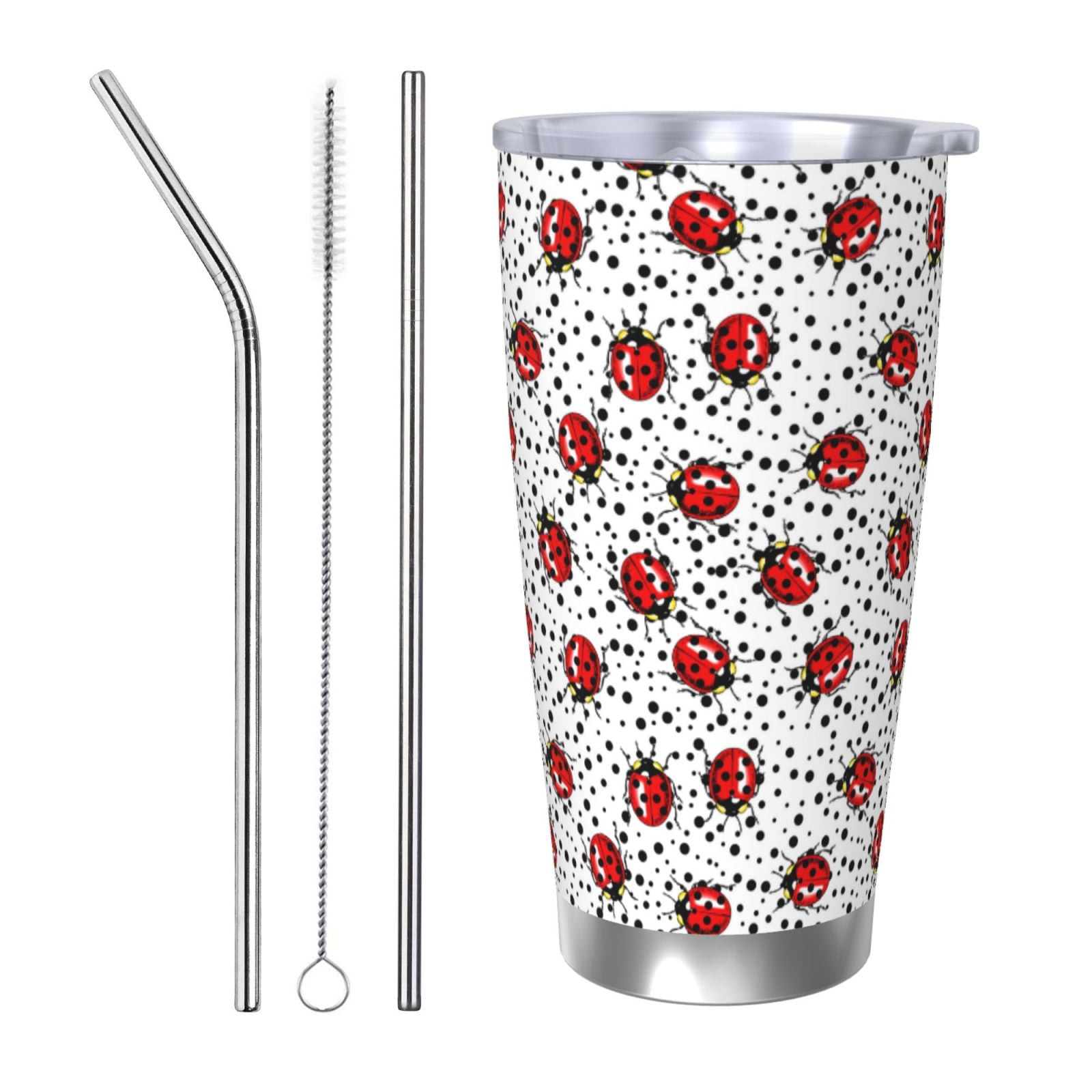 Fuzoiu Red Ladybugs On Black Dotted Print 20oz Tumbler, Stainless Steel ...