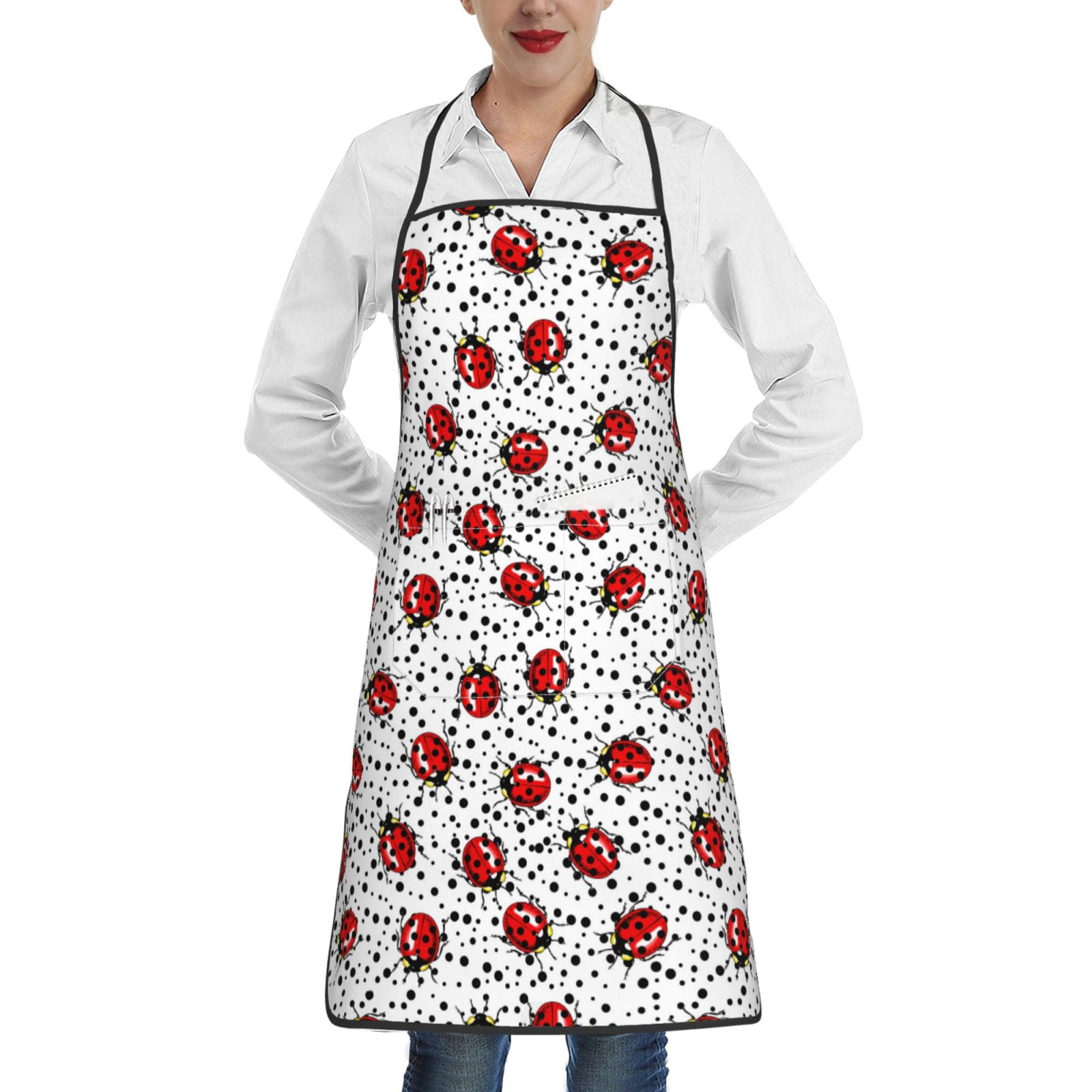 Fuzoiu Red Ladybugs On Black Dotted Print Kitchen Cooking Aprons ...