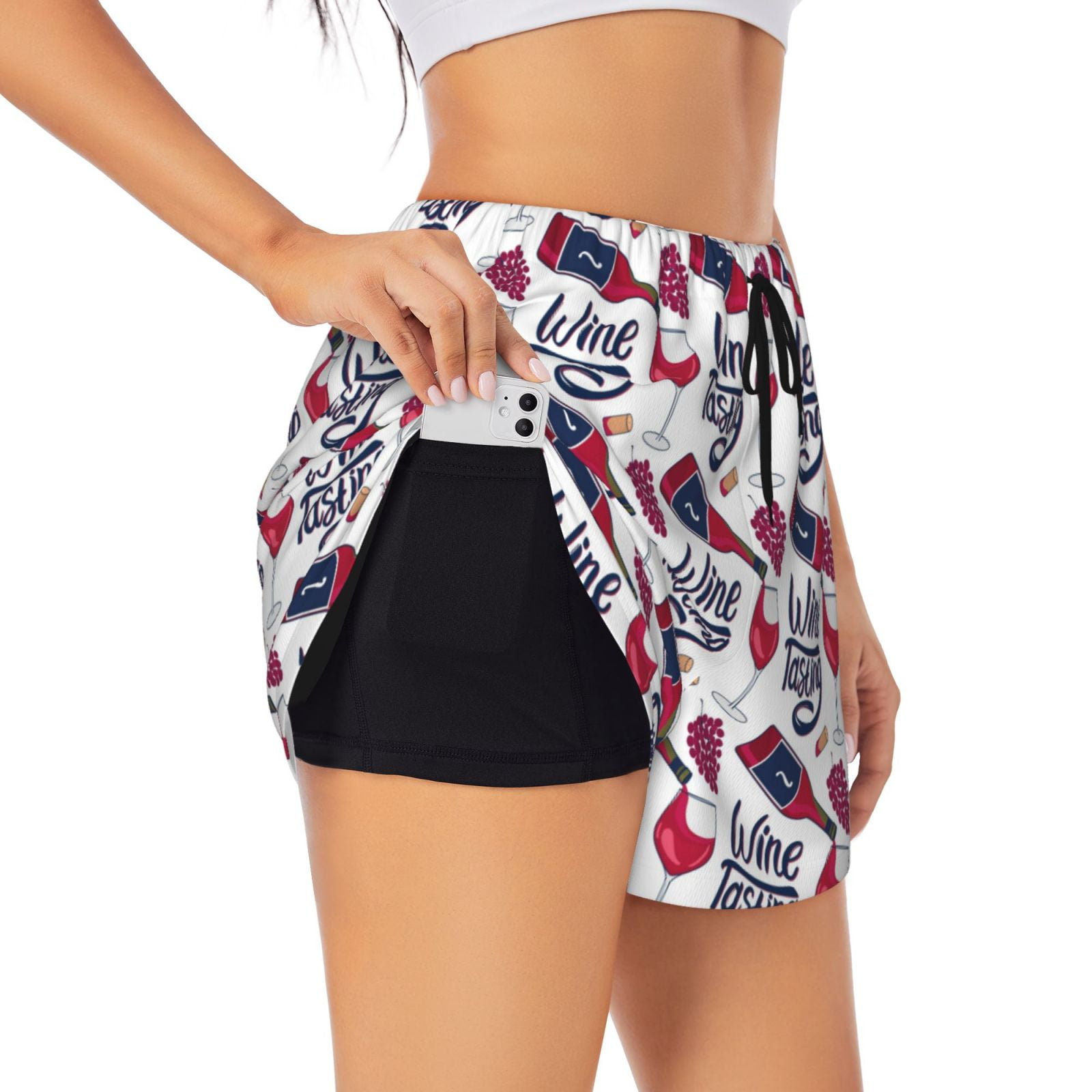 Fuzoiu Red Wine Glass Bottle Print Women's Athletic Shorts, Double ...