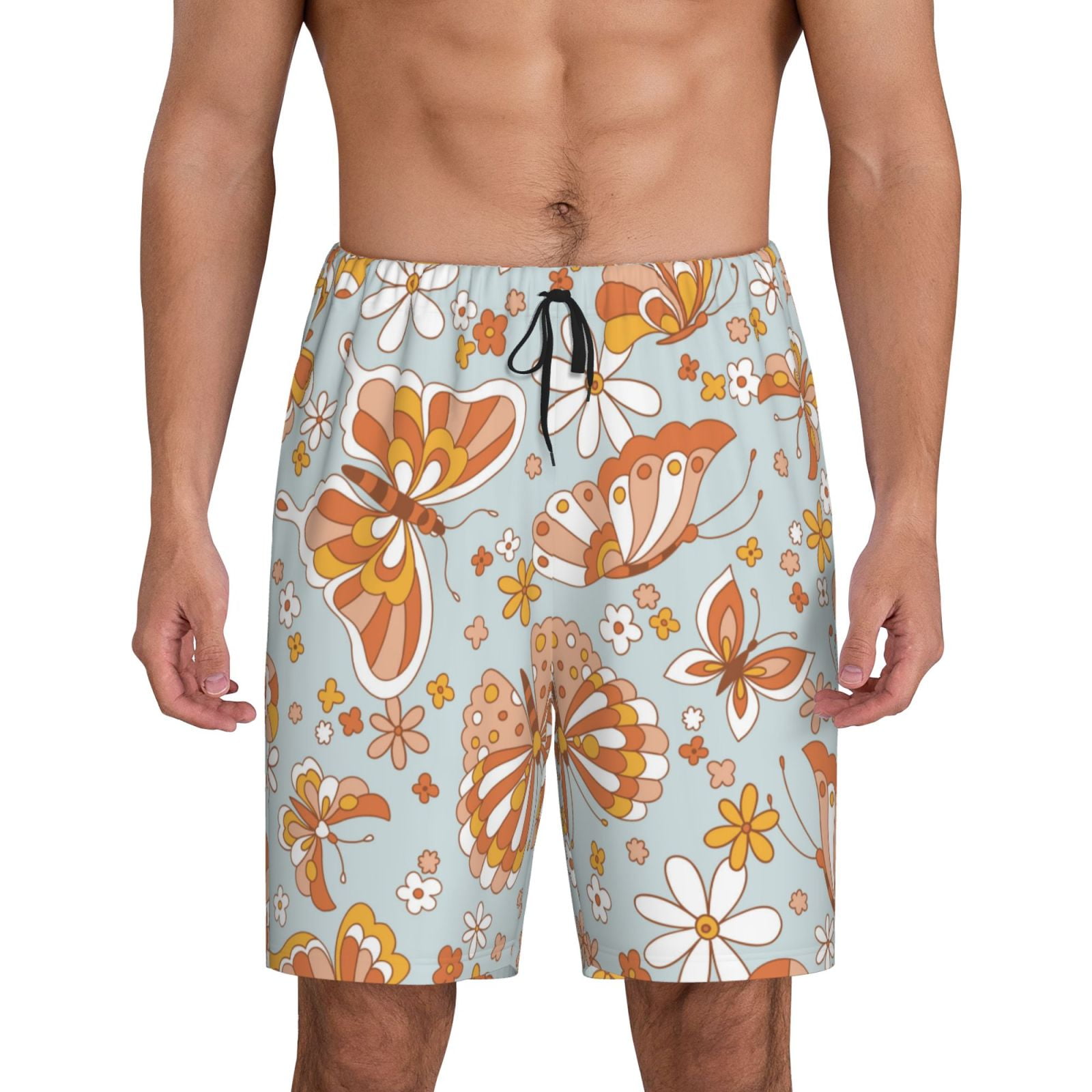 Fuzoiu Retro Floral Butterfly Print Pajama Shorts for Men, Men's Pajama ...